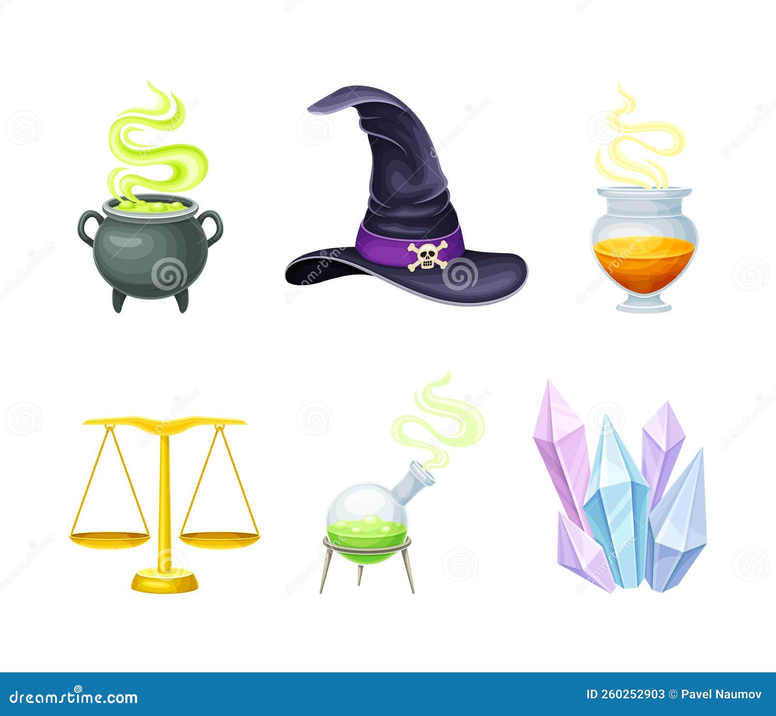 Magic Objects Set. Witch Hat, Cauldron with Bubbling Potion, Scales ...