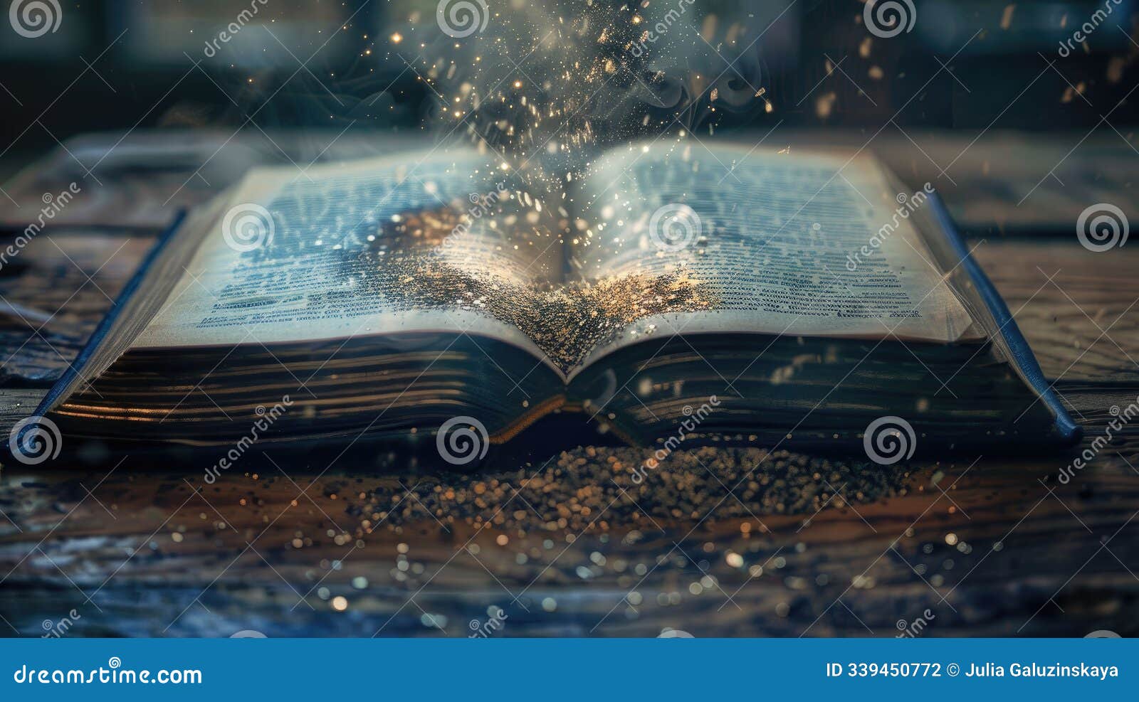 Magic Open Book with Glowing Lights and Magic Powder Floating on the ...