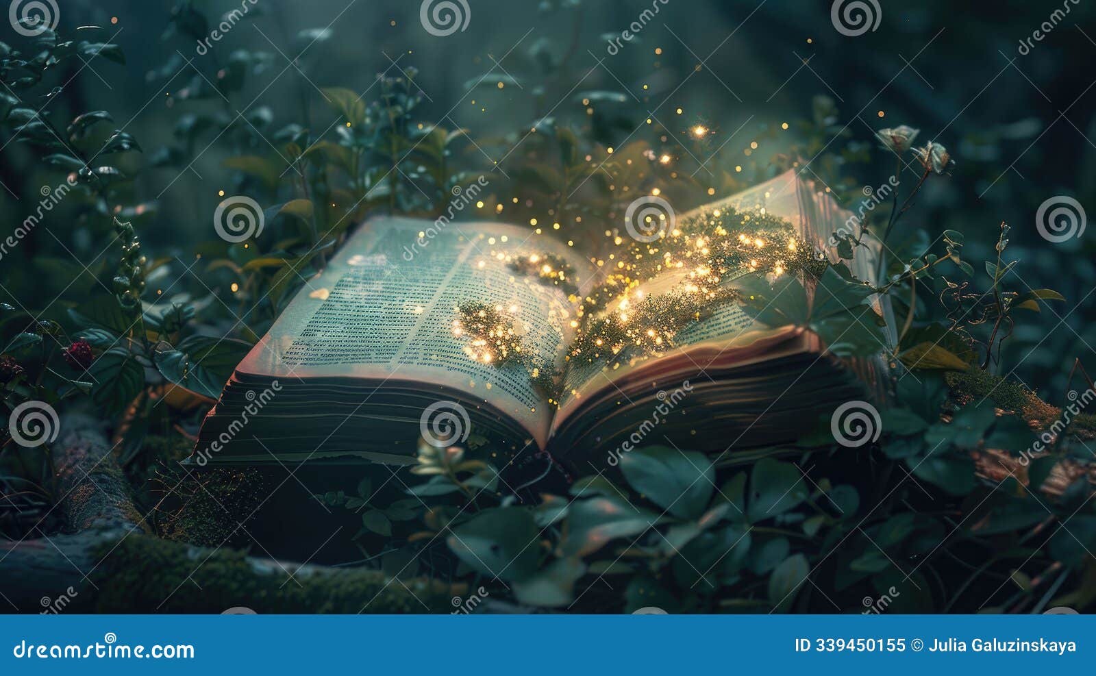 Magic Open Book with Glowing Lights and Magic Powder Floating on the ...