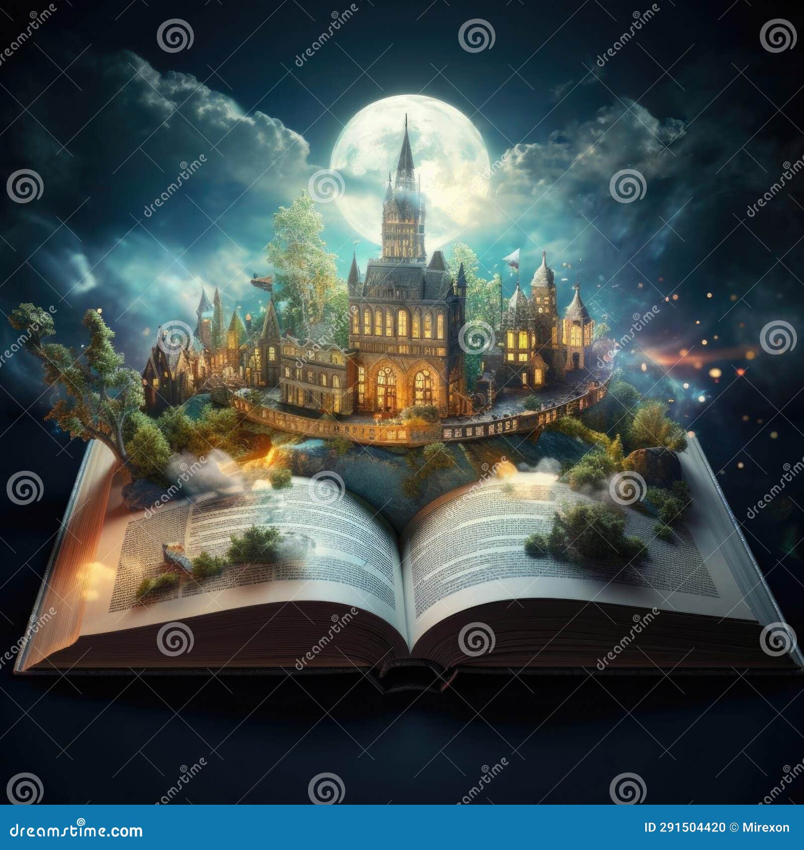 Magic Opened the Book, Covered with Grass, Trees and a Waterfall ...