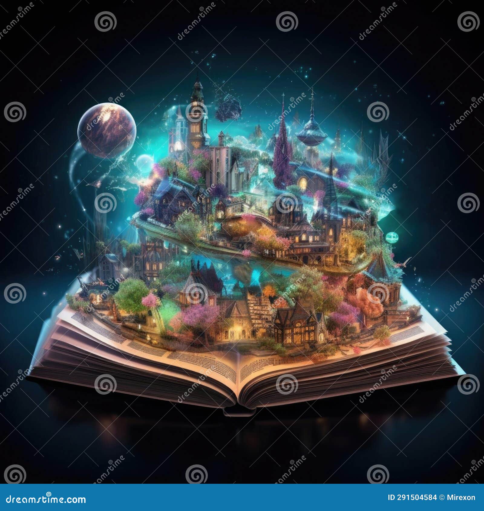 Magic Opened the Book, Covered with Grass, Trees and a Waterfall ...