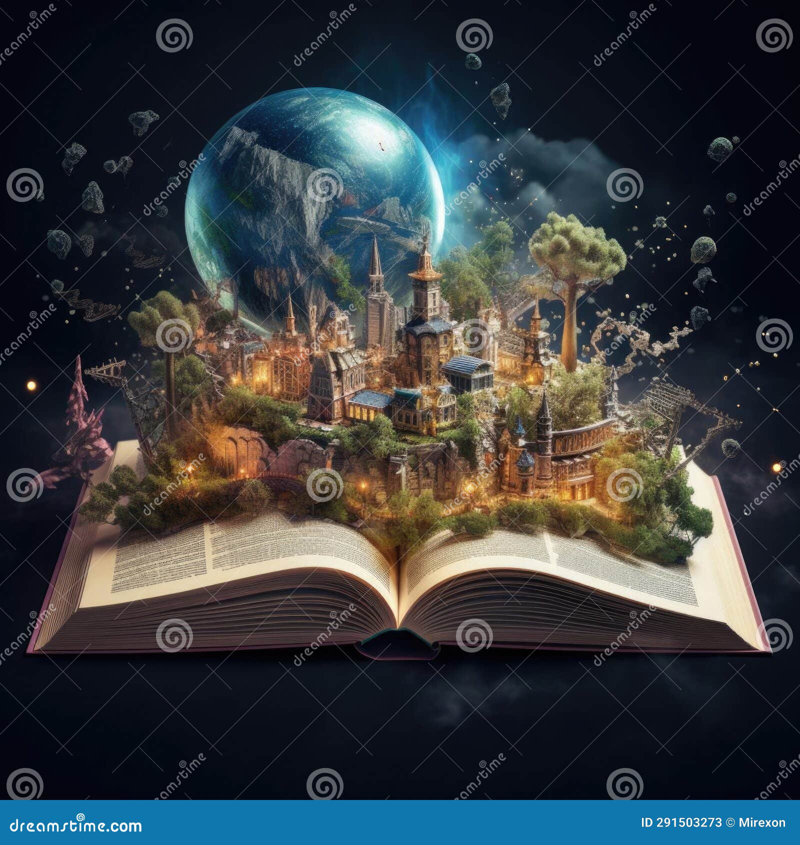 Magic Opened the Book, Covered with Grass, Trees and a Waterfall ...