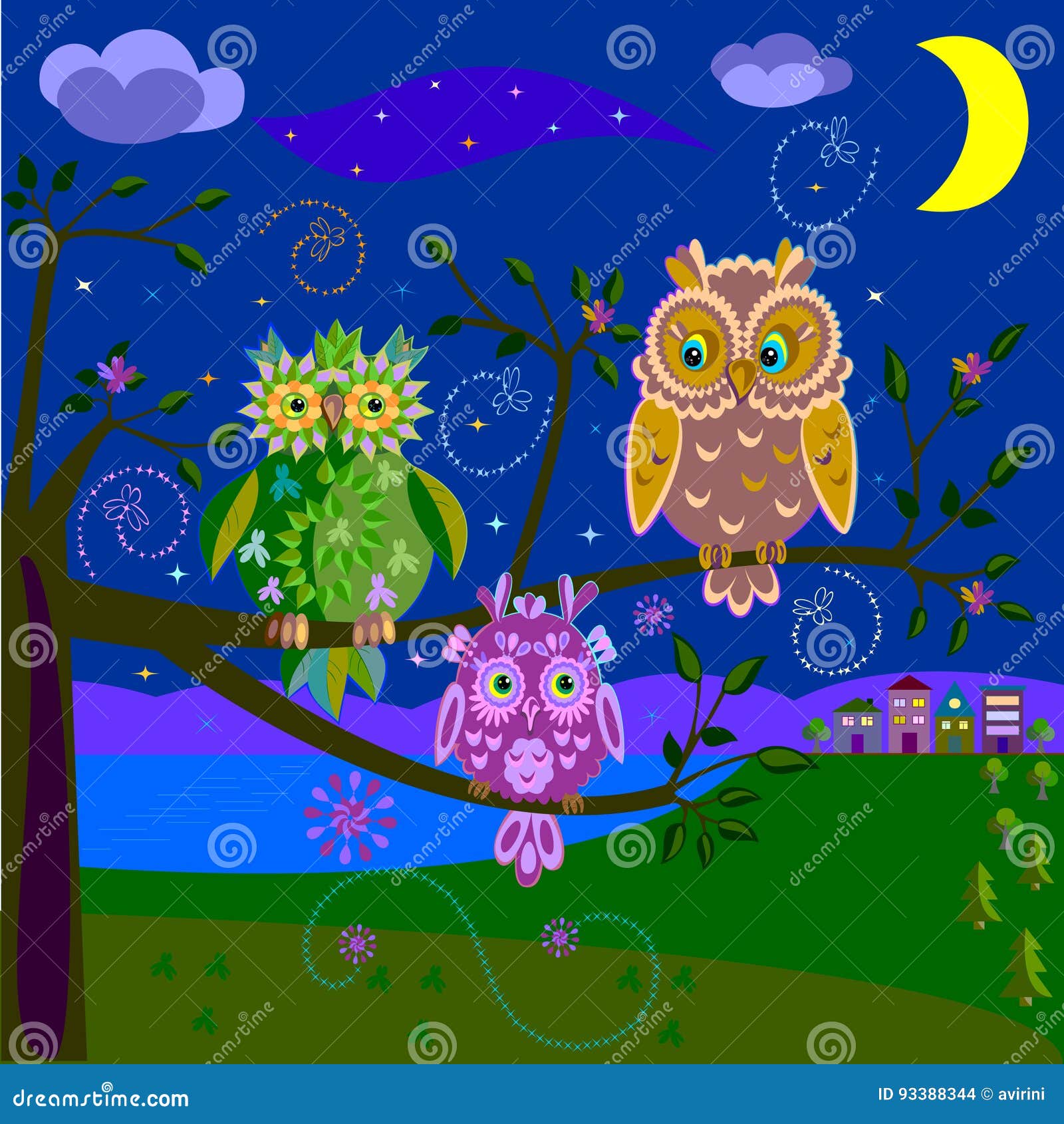Magic owls stock vector. Illustration of town, forest - 93388344