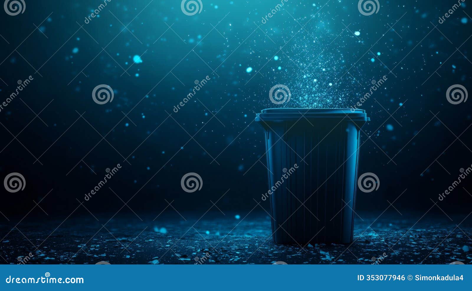 Black Plastic Trash Can with Magic Particles Floating on Dark Blue ...