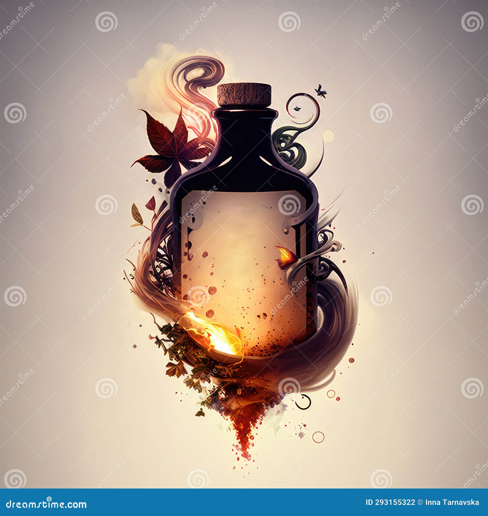 Magic Poison or Elexir in Bottle Etwined with Fire, Leaves and Patterns ...