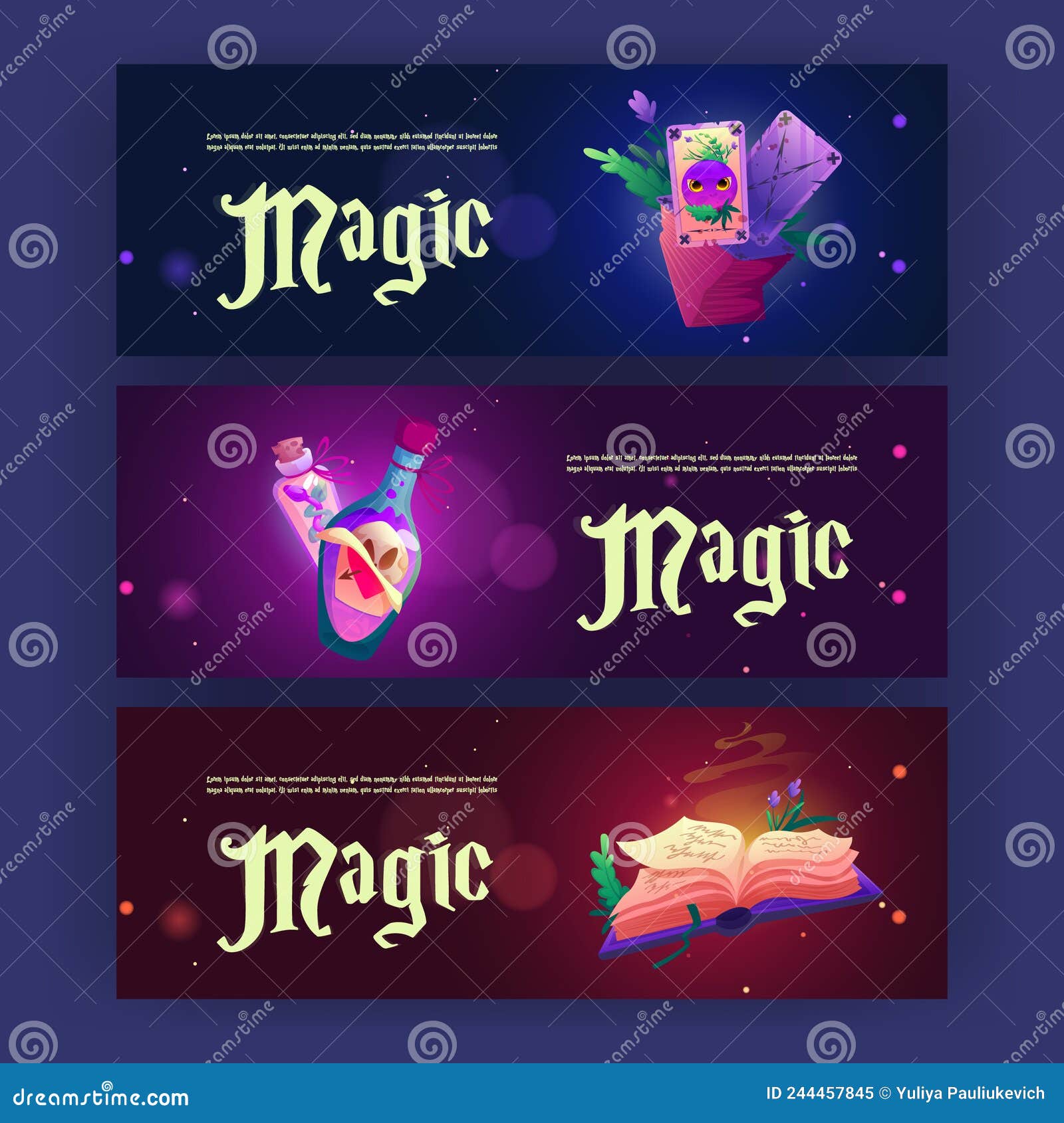 Magic Posters with Elixir, Cards and Book of Spell Stock Vector ...