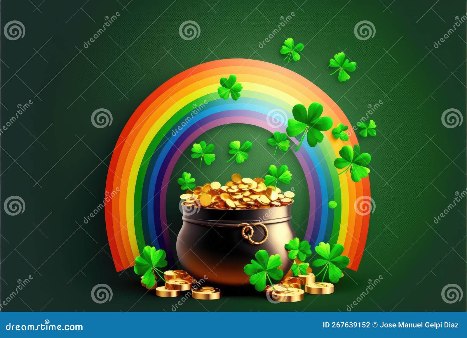 Magic Pot of Gold: Magical Treasure with Rainbow on Green Background ...