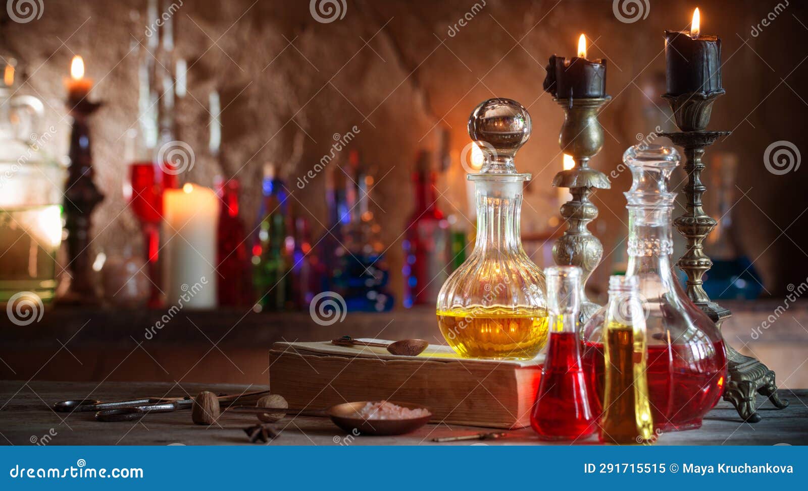 Magic Potion, Ancient Books and Candles Stock Image - Image of magic ...