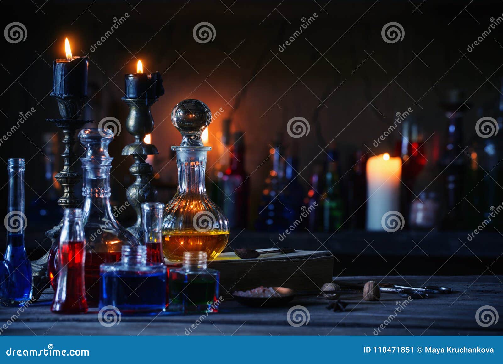 Magic Potion, Ancient Books and Candles Stock Image - Image of color ...