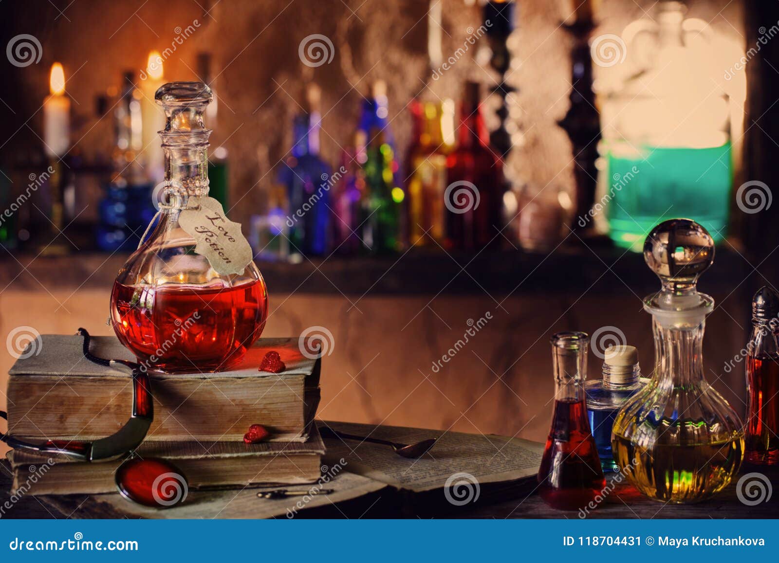 Magic Potion, Ancient Books and Candles Stock Image - Image of green ...