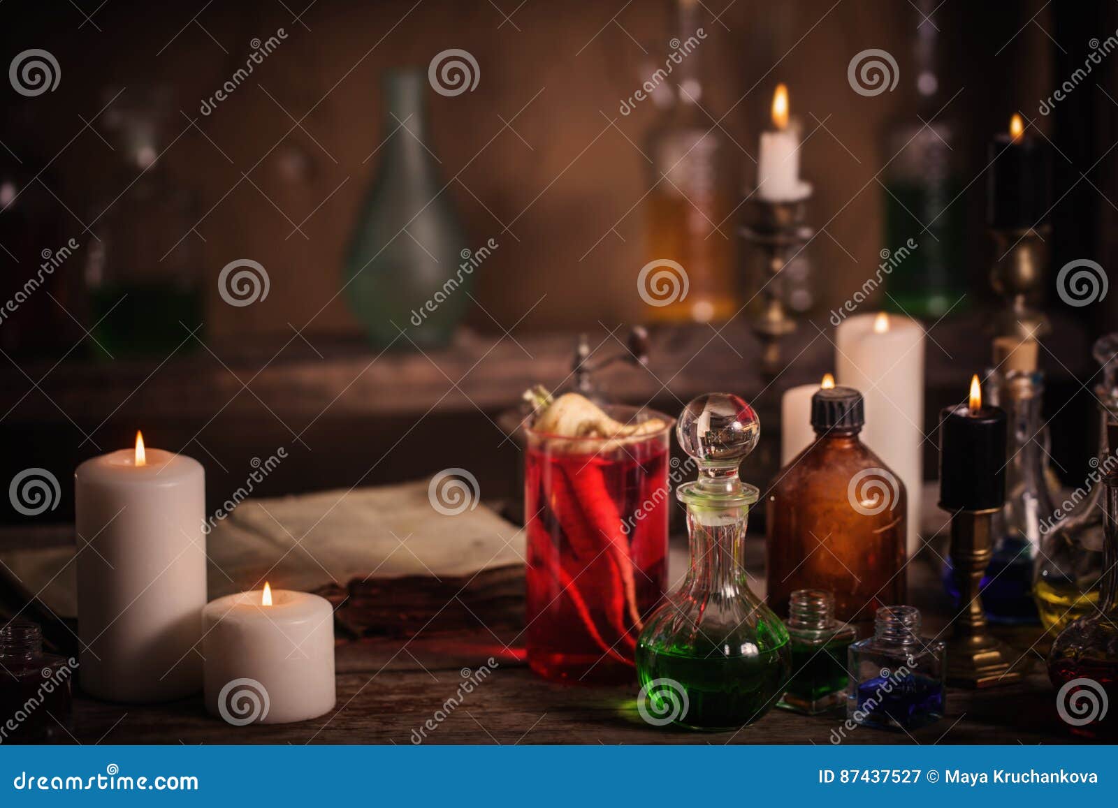 Magic Potion, Books and Candles Stock Image - Image of love, green ...