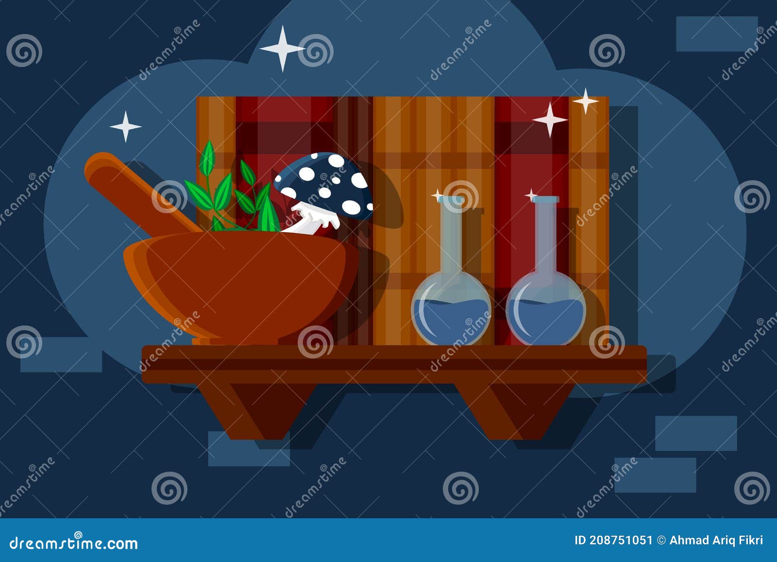 Magic Potion Bottle with Ingredients and Spell Book Stock Vector ...