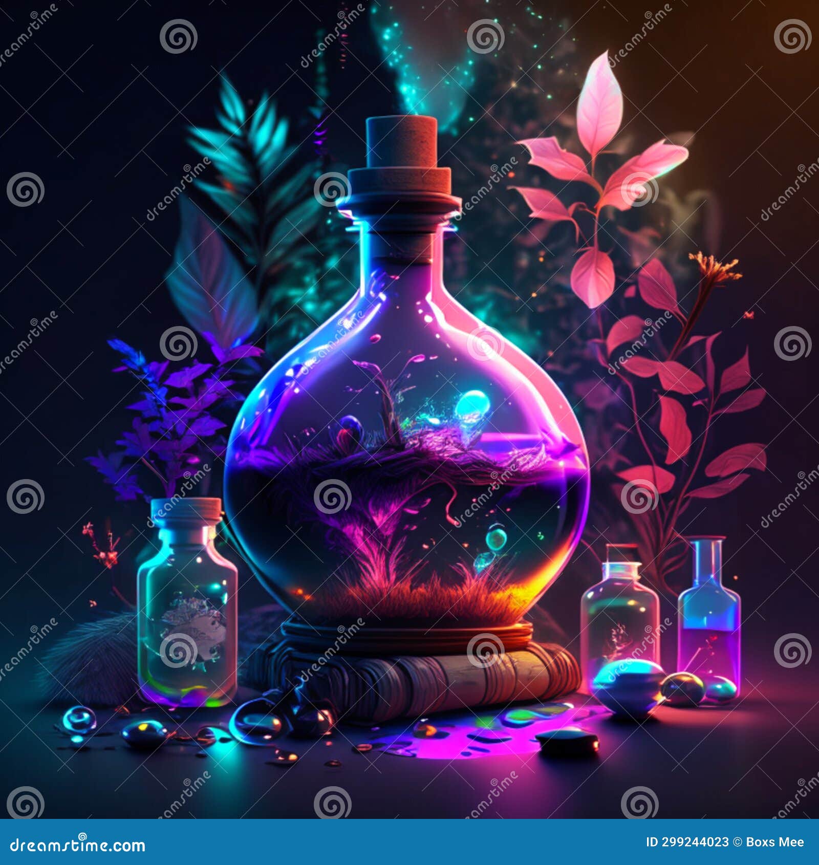 Magic Potion in Bottle with Magic Potion and Leaves on Dark Background ...
