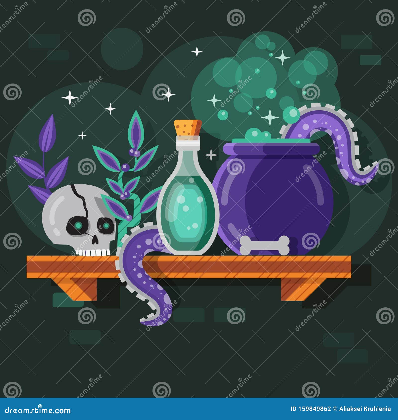 Magic Potion Bottle and Boiling Cauldron Scene Stock Illustration ...