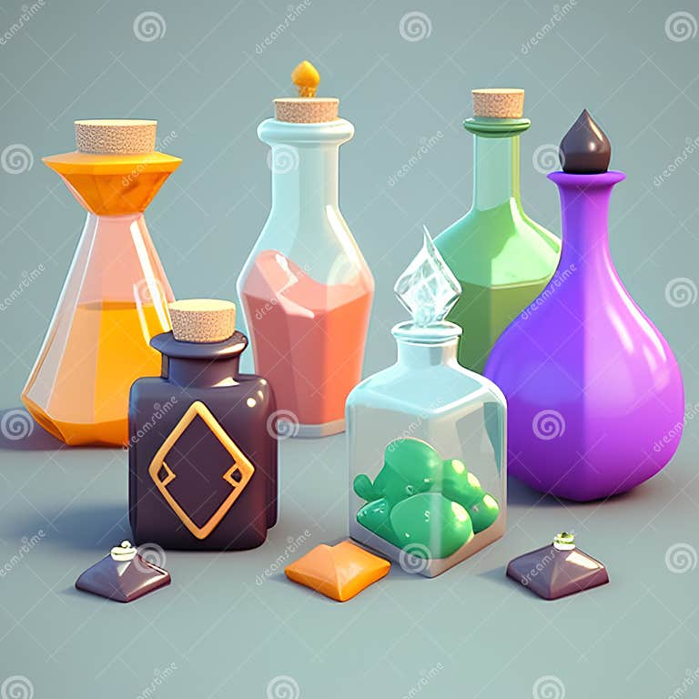 Magic Potion Bottles. 3d Illustration. Colorful Potion Bottles Stock ...