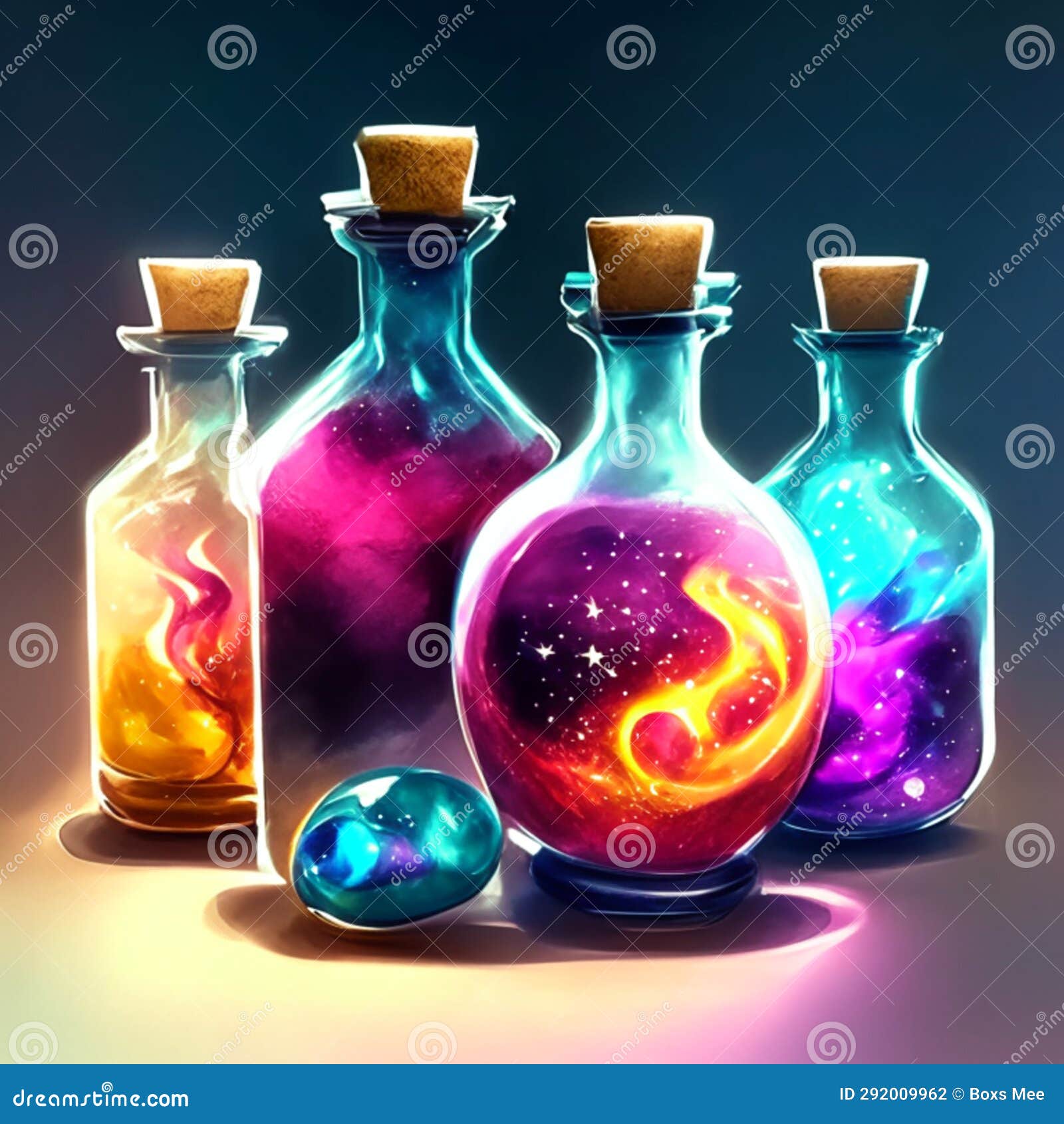 Magic Potion in Bottles on a Dark Background. 3D Illustration Stock ...