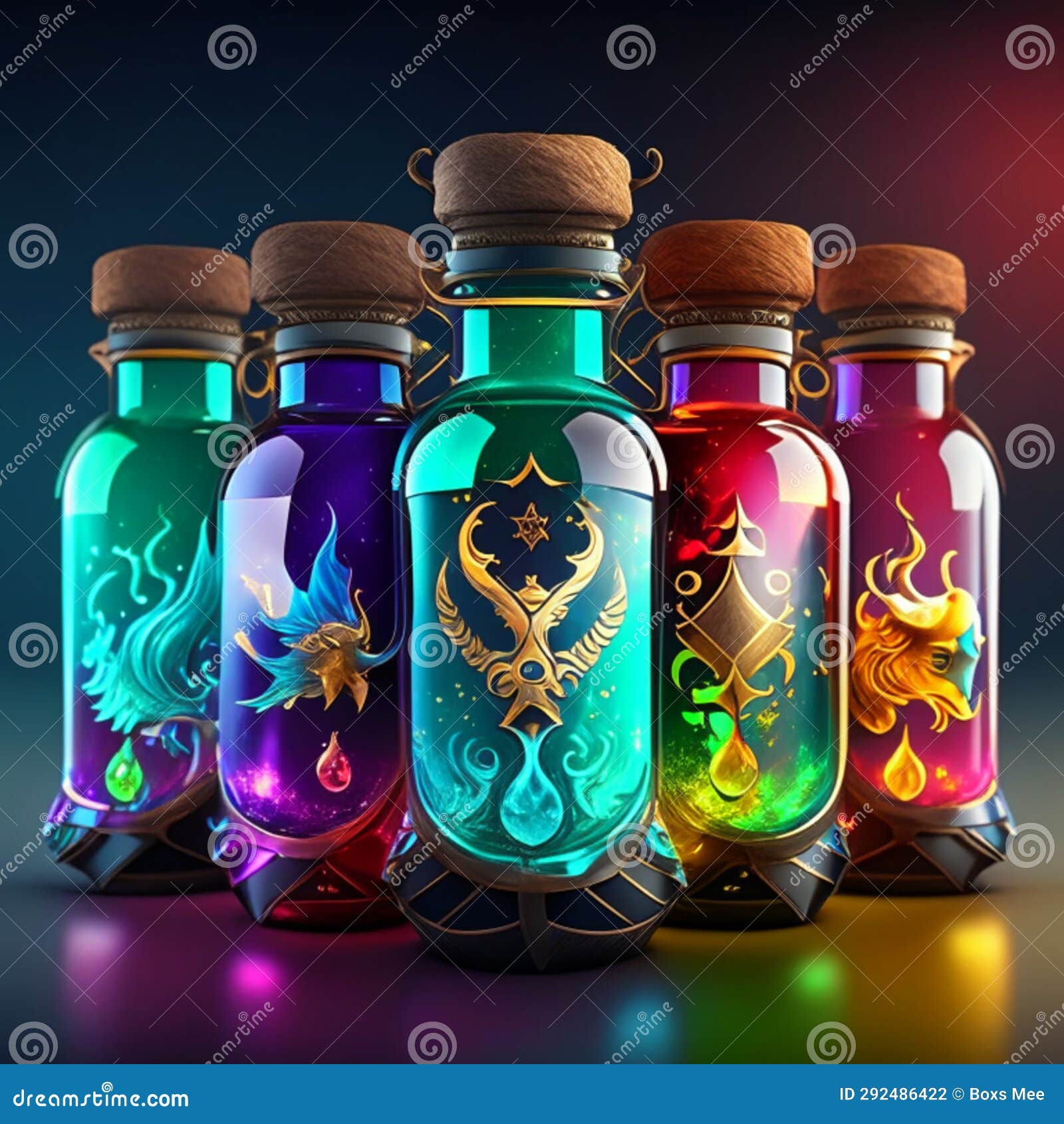 Magic Potion Bottles with Fire on Dark Background. Vector Realistic ...