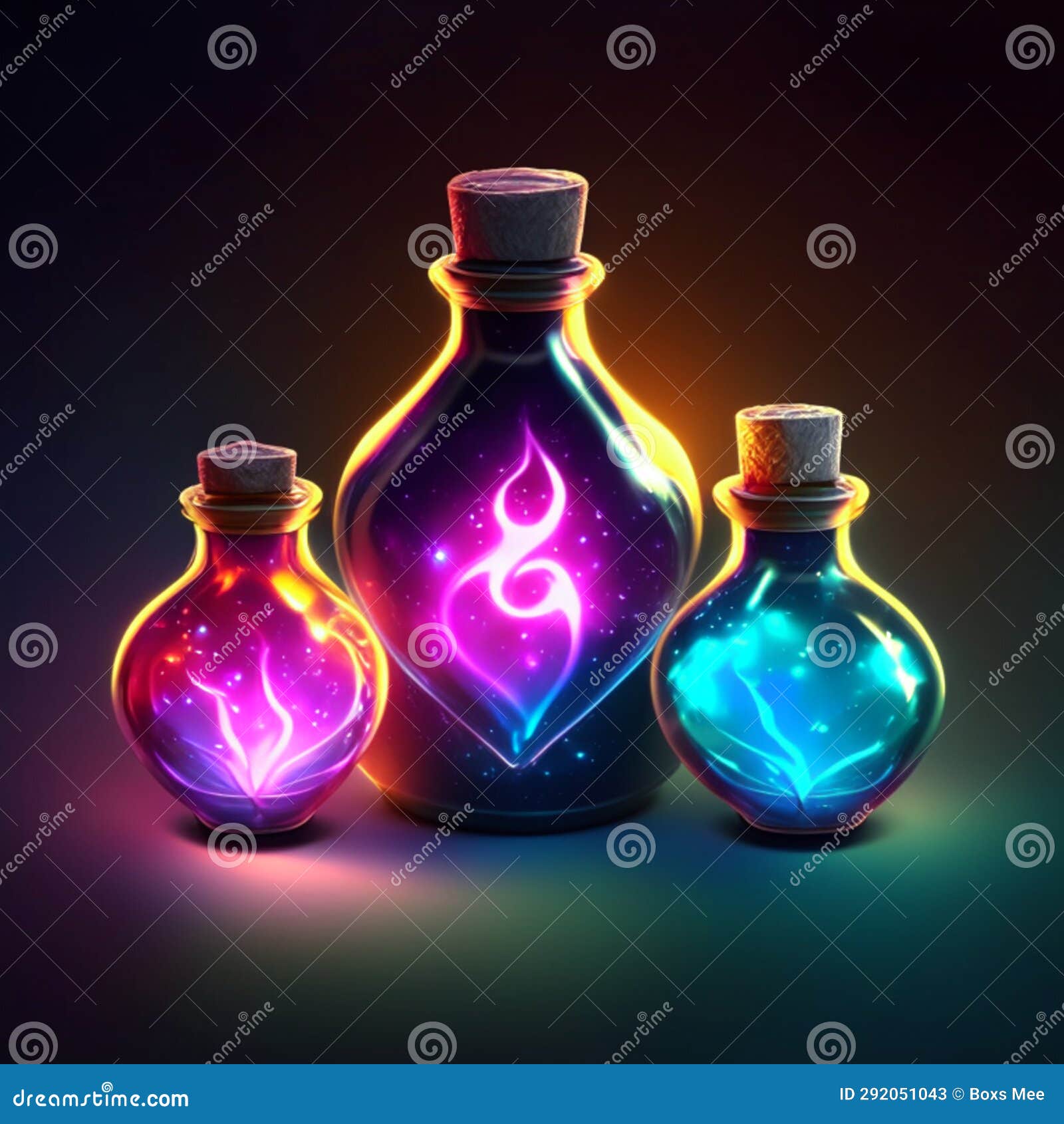 Magic Potion Bottles with Fire Inside. Vector Illustration in Neon ...