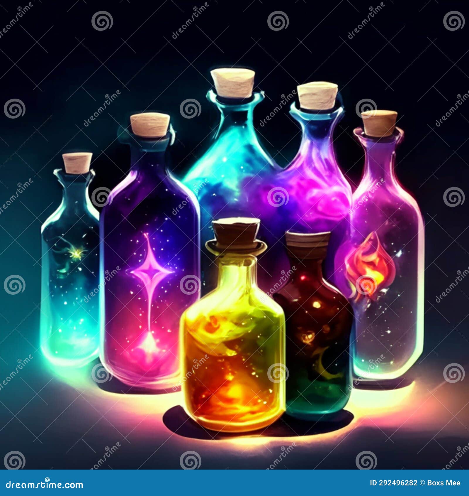 Magic Potion Bottles with Light Effects. Vector Illustration in Cartoon ...