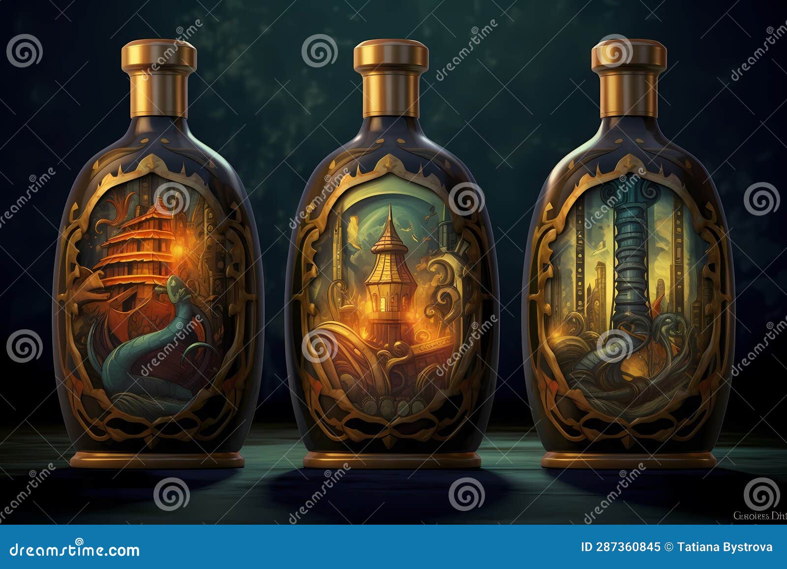 Magic Potion Bottles with Magic Elixir and Dragon Stock Illustration ...
