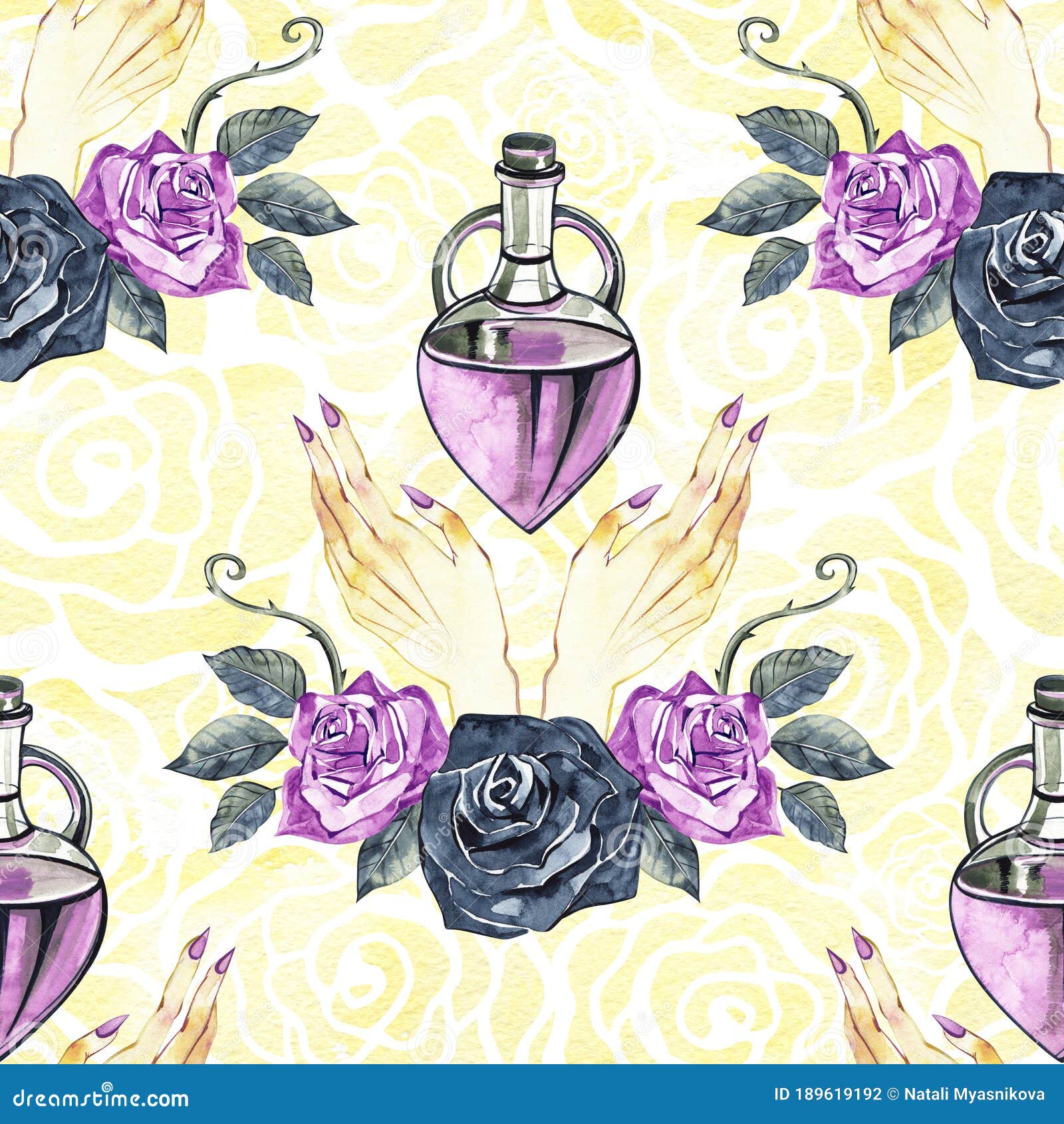 Magic Potion Bottles Seamless Pattern. Hand Drawn. Watercolor Alchemy ...