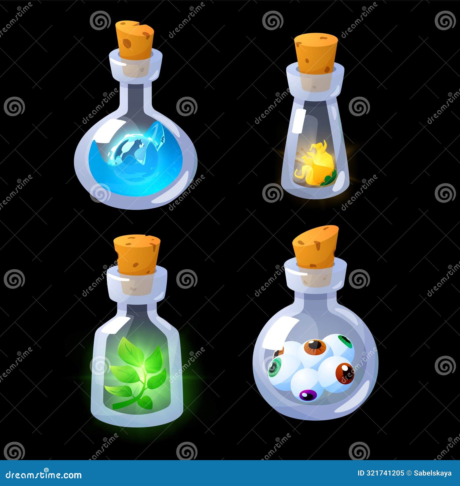 Magic Potion Bottles Set, Different Shapes Flasks with Nature Leaves ...
