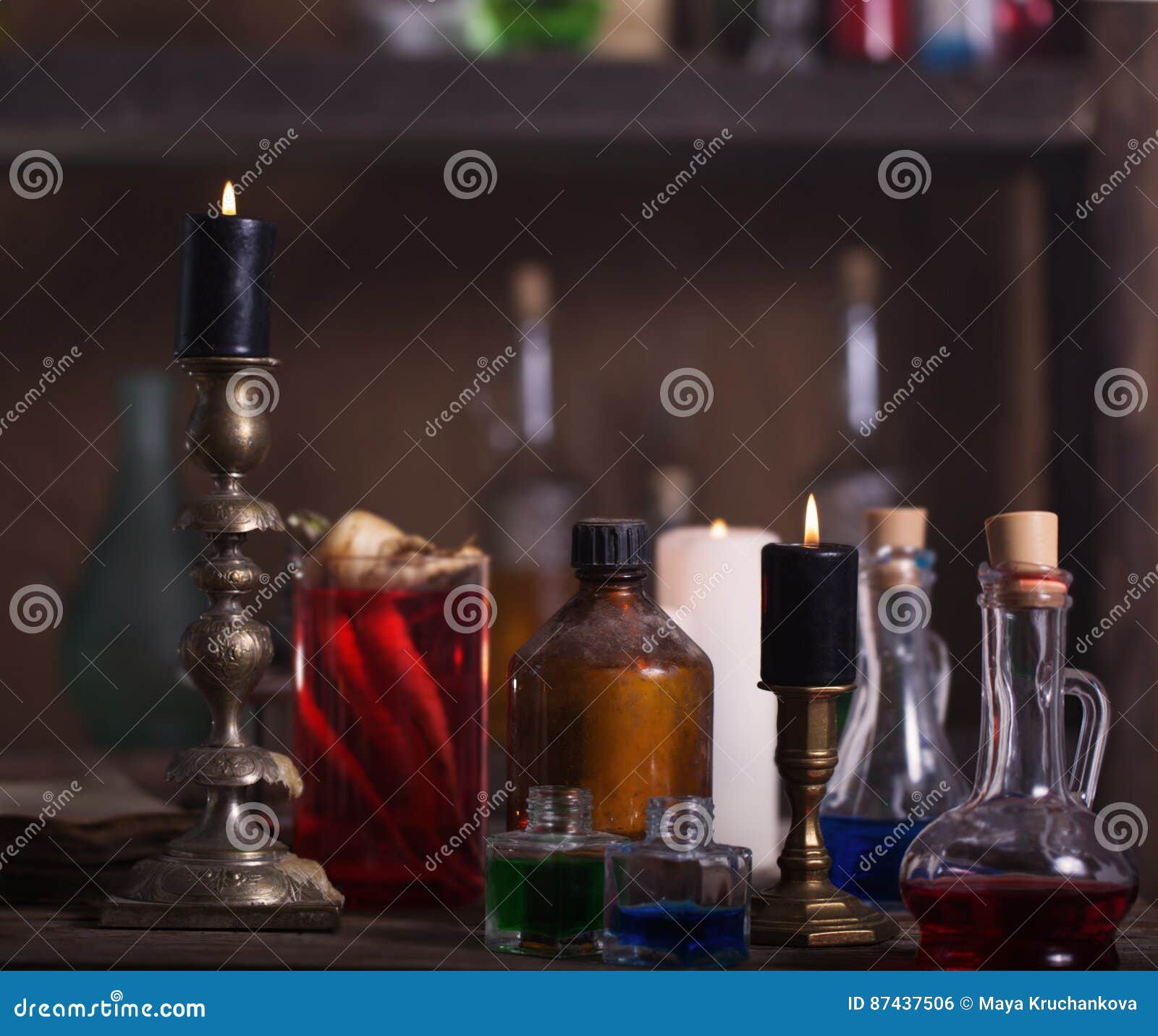 Magic potion and candles stock photo. Image of paper - 87437506