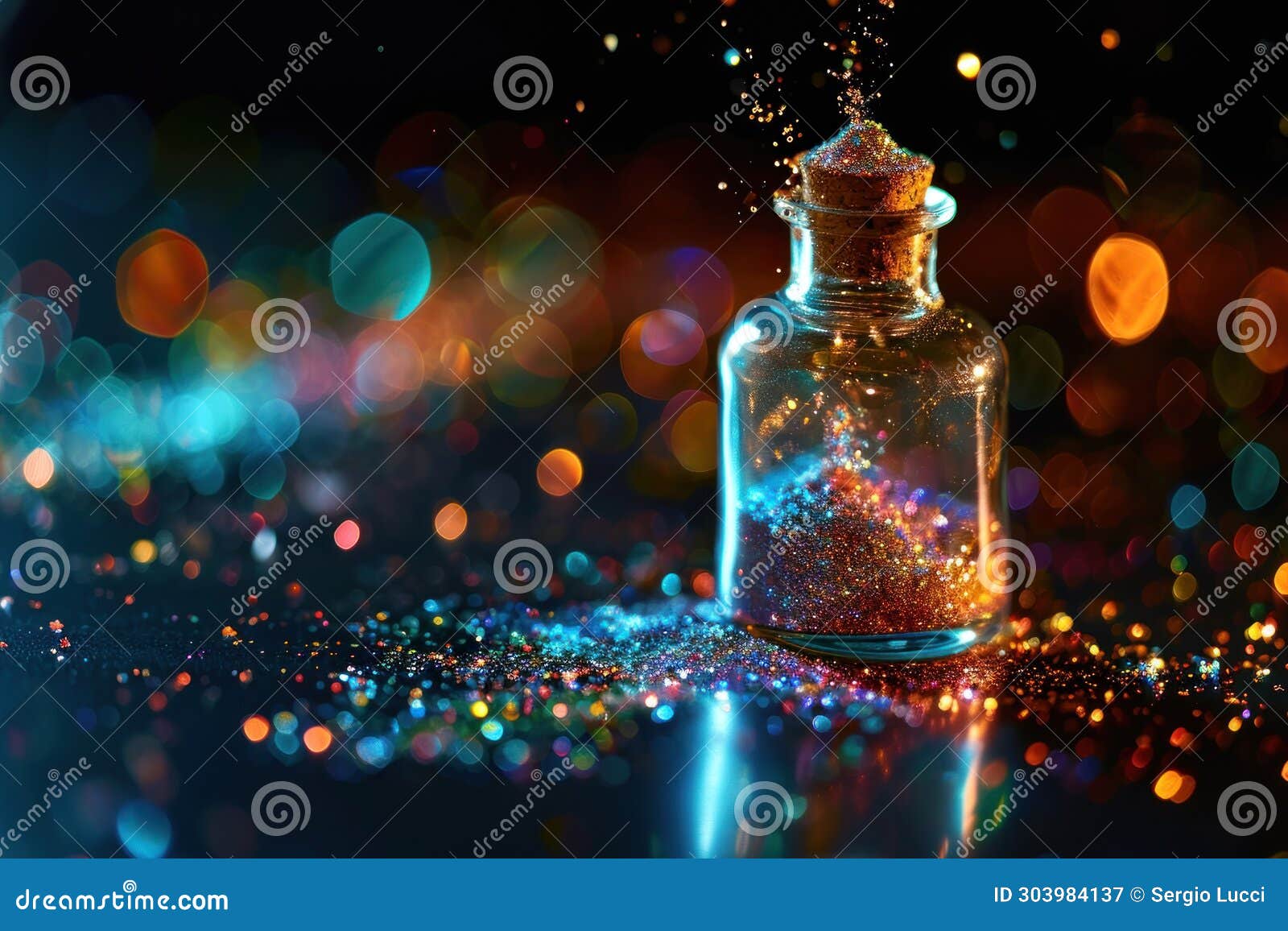 Magic Potion in Glass Bottle on Black Background with Glitter and Bokeh ...