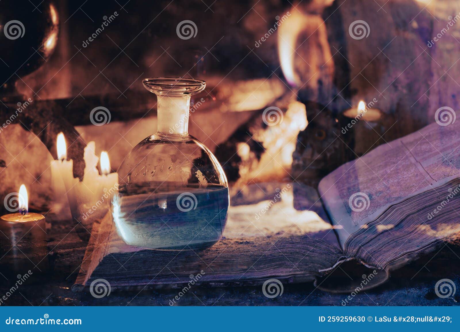 Magic Potion and Spell Book Stock Photo - Image of glass, night: 259259630