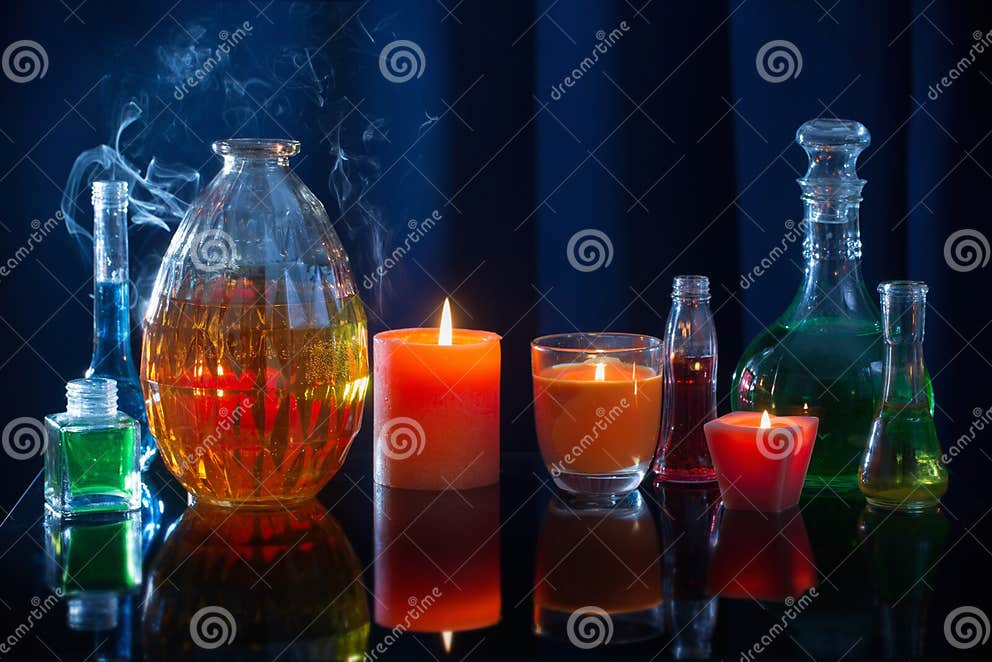 Magic Potions on Blue Background Stock Photo - Image of night, bottle ...