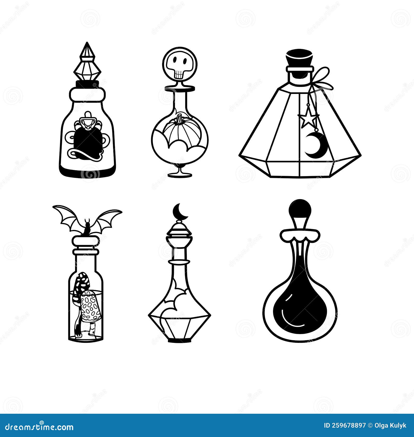 Magic Potions Bottle Doodle Outline Vector Set. Collection of Witch ...