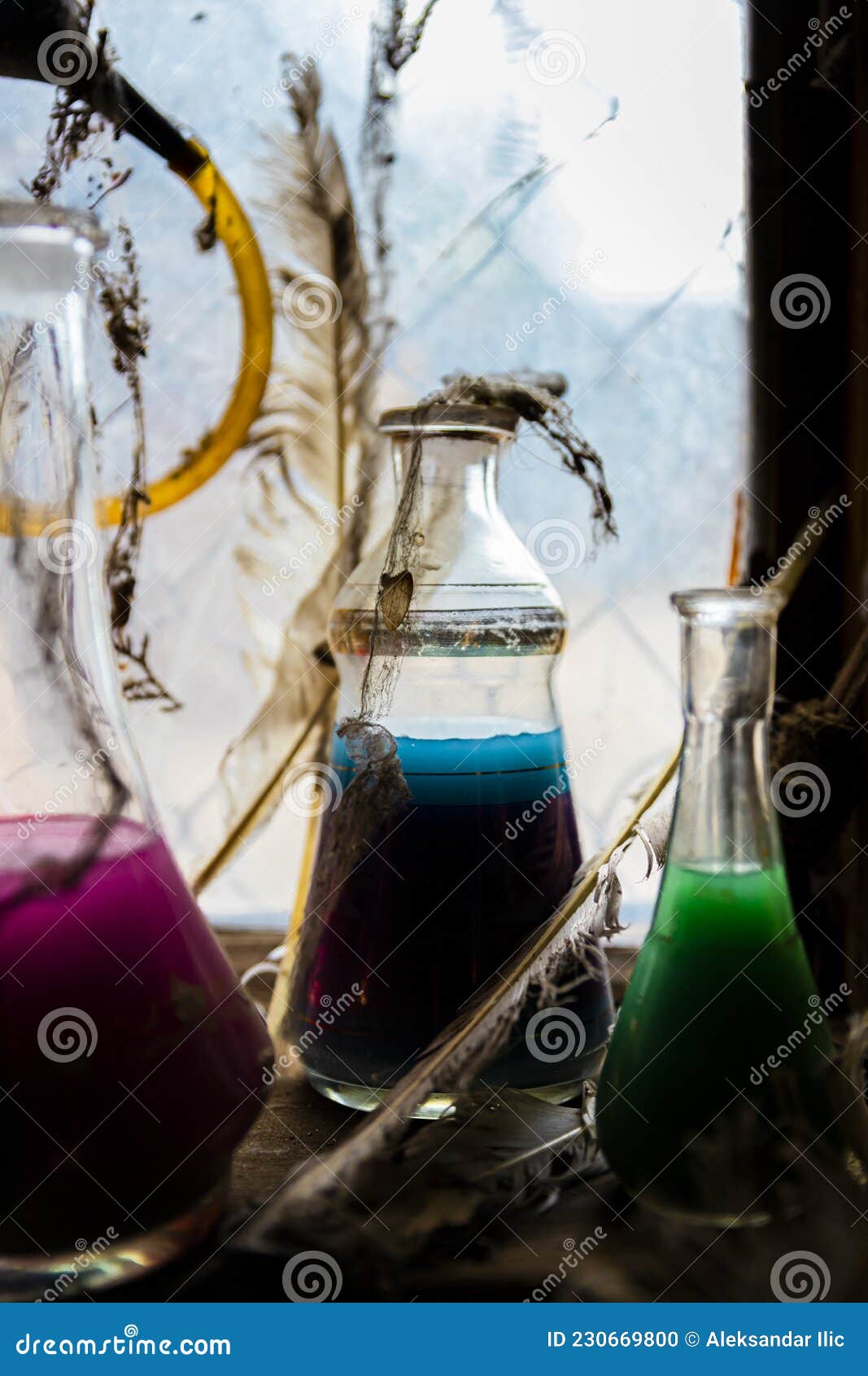 Magic Potions in Bottles Near Old Rustic Window with Backlight Stock ...