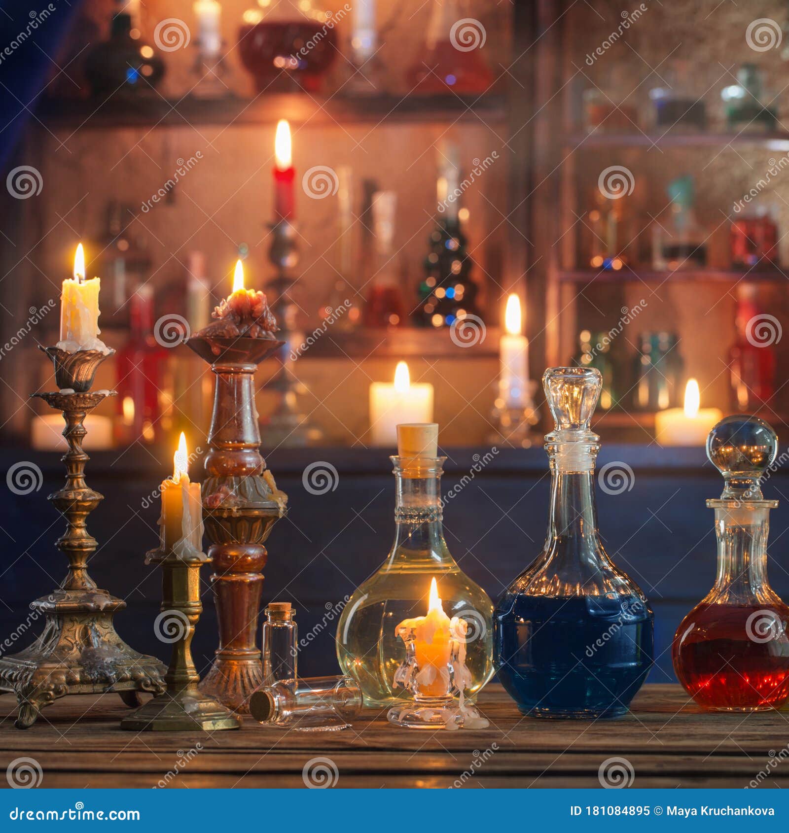 Magic Potions in Bottles on Wooden Background Stock Image - Image of ...