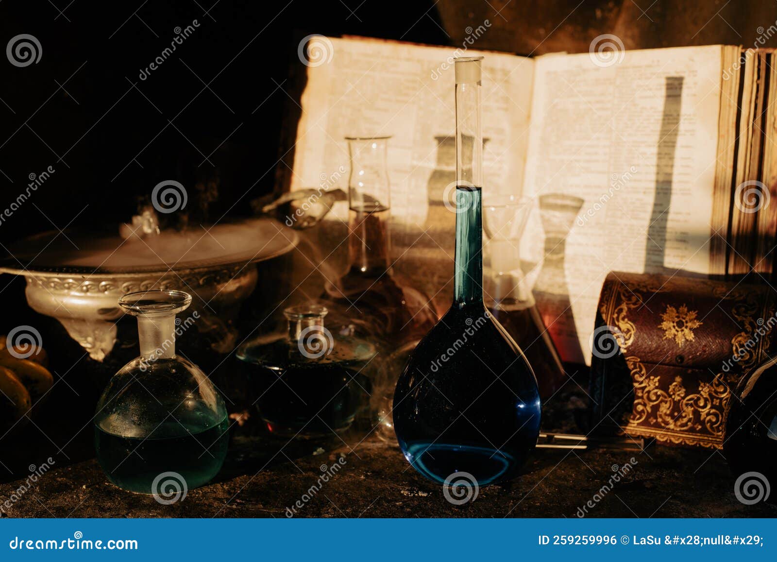 Magic Potions and Spell Book Stock Photo - Image of blue, flask: 259259996