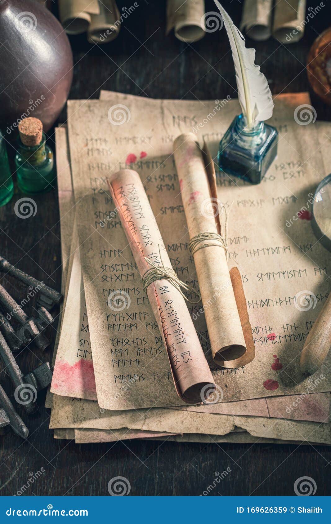 Magic Scribe Library Full of Medieval and Old Scrolls Stock Image ...