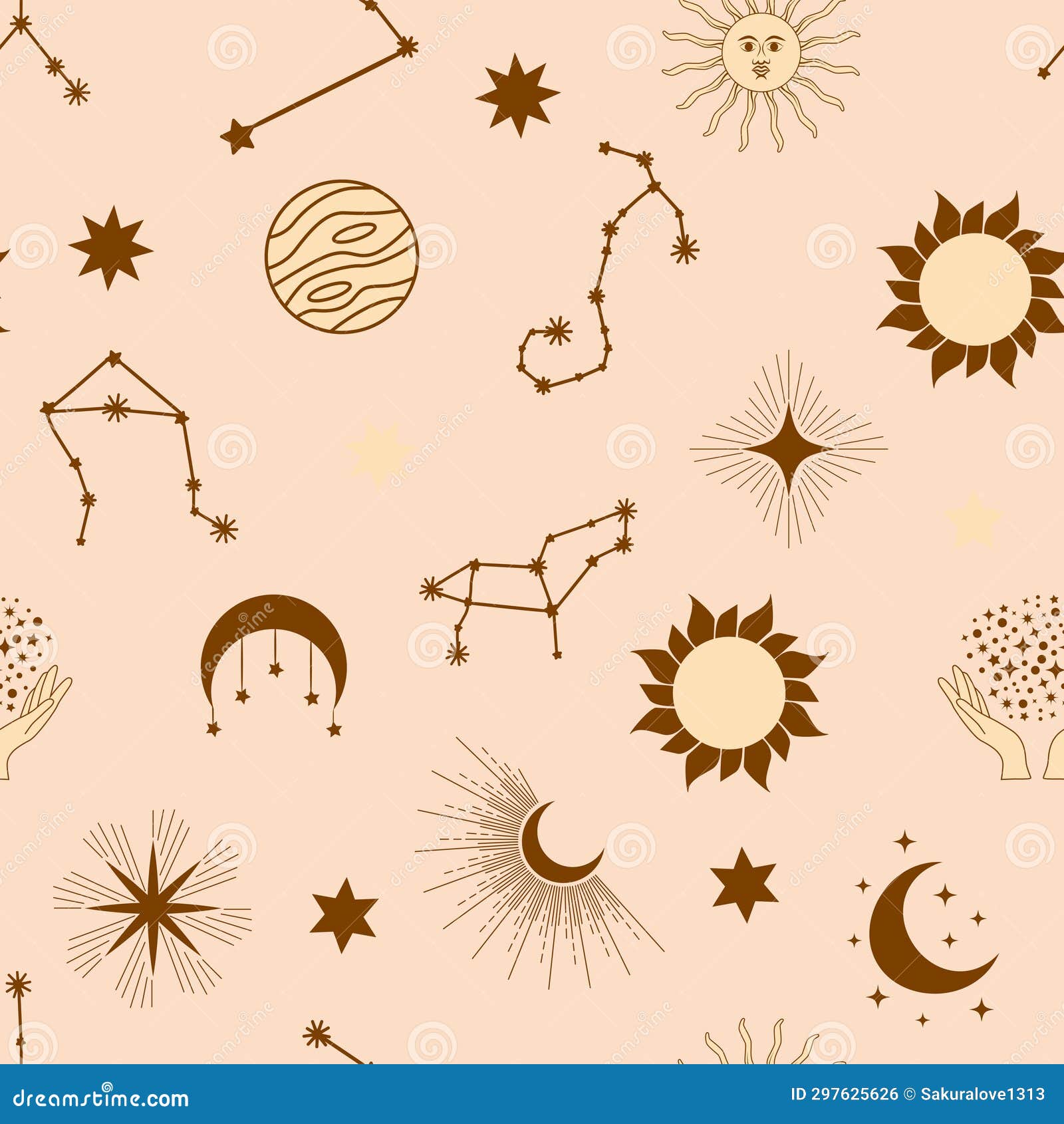 Magic Seamless Pattern with Constellations, Sun, Moon, Magic Eyes, Clouds and Stars. Mystical ...