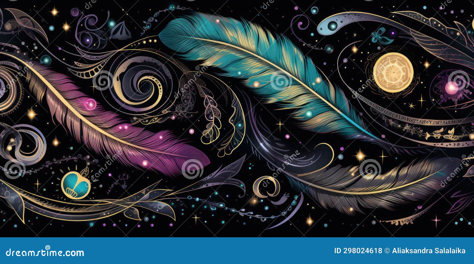 Magic Seamless Pattern with Feathers Birds Crystals in Dark Purple and ...