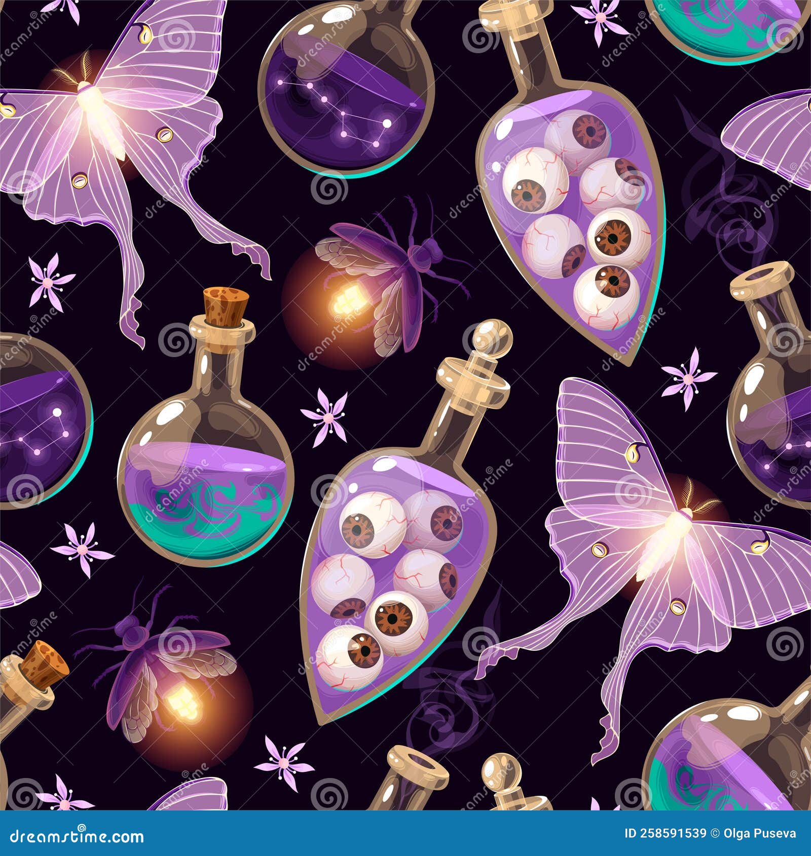 Magic Seamless Pattern with Magic Potion and Moths Stock Vector ...