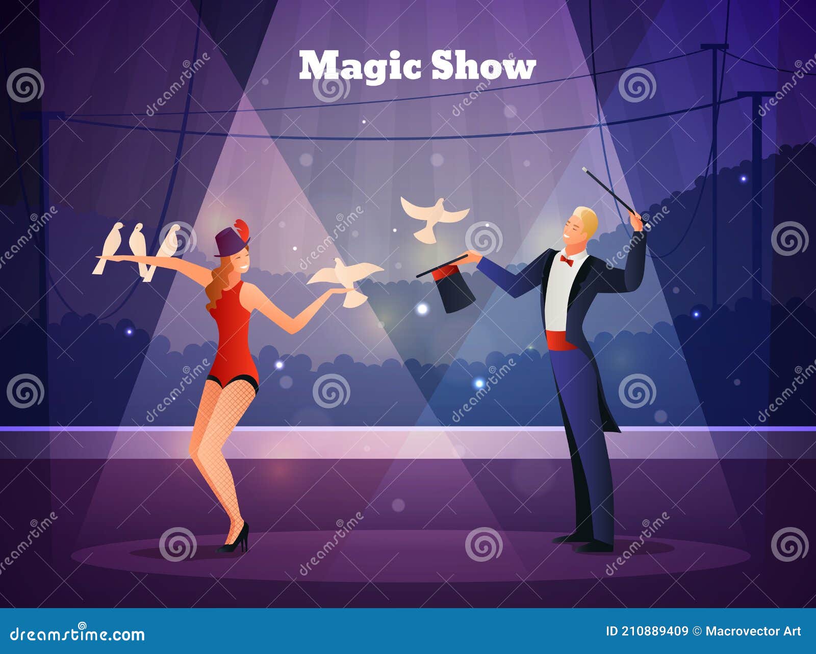 Illusionist and His Assistant Flat Composition Stock Vector ...