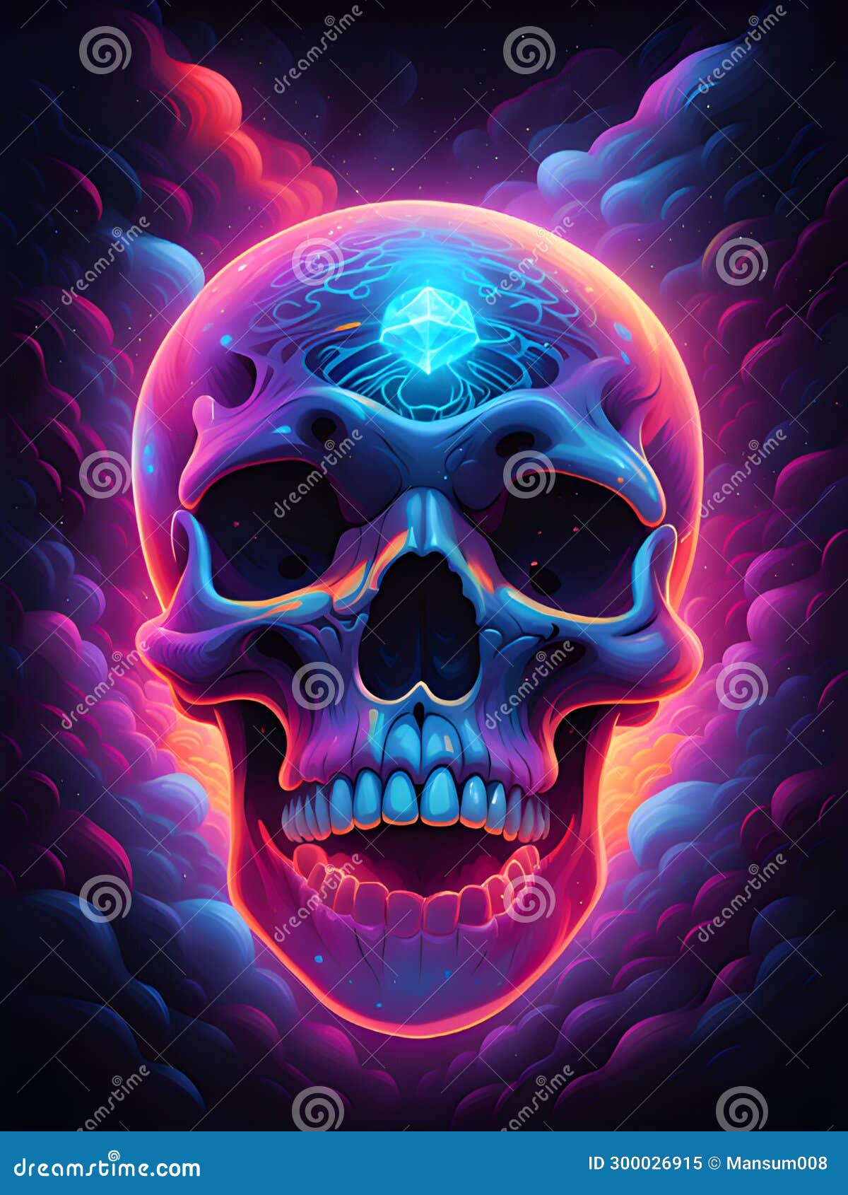 Magic skull with neon glow stock illustration. Illustration of spooky ...