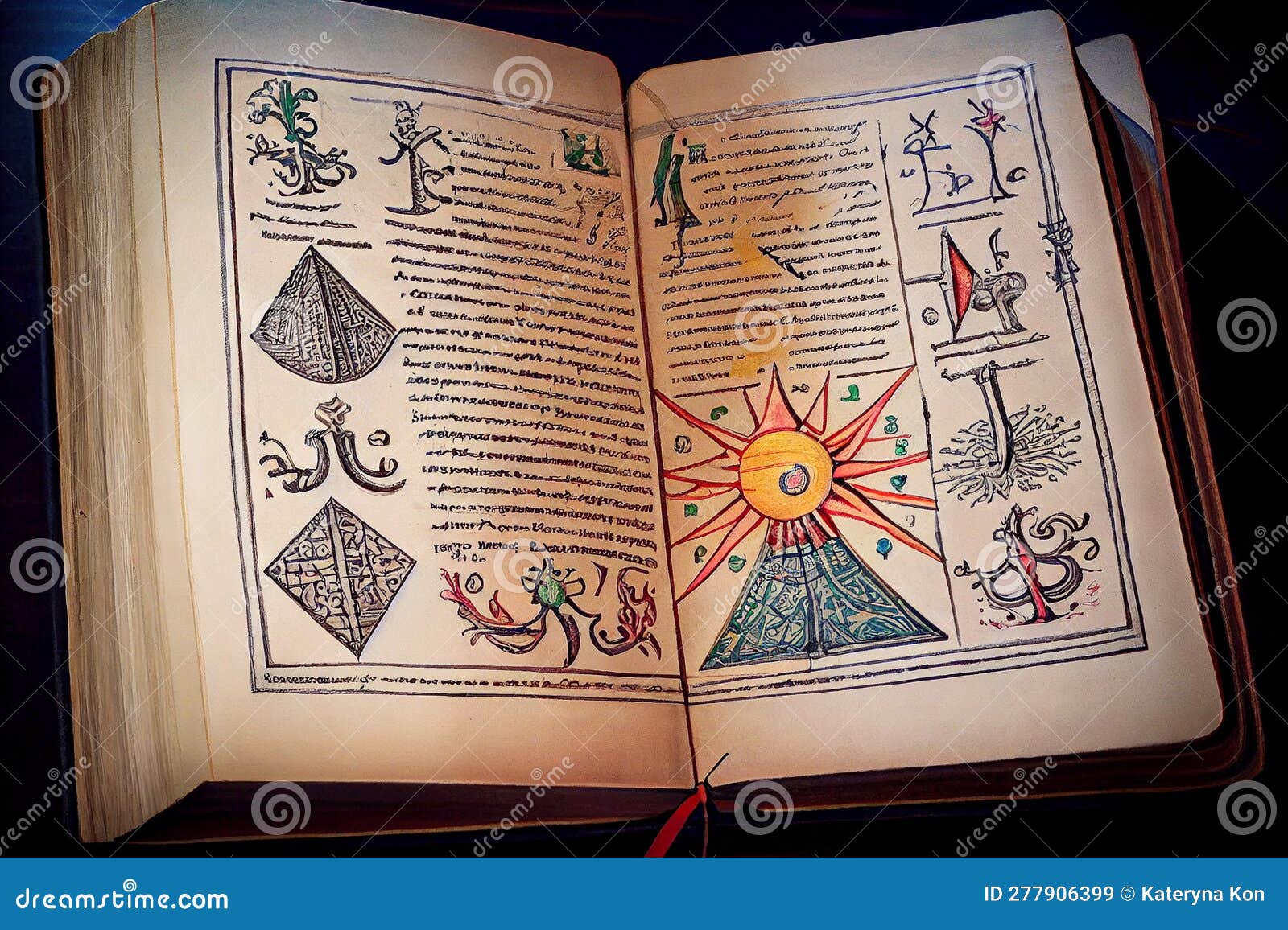 Magic Spells in Antique Book with Drawings and Annotations, Generative ...