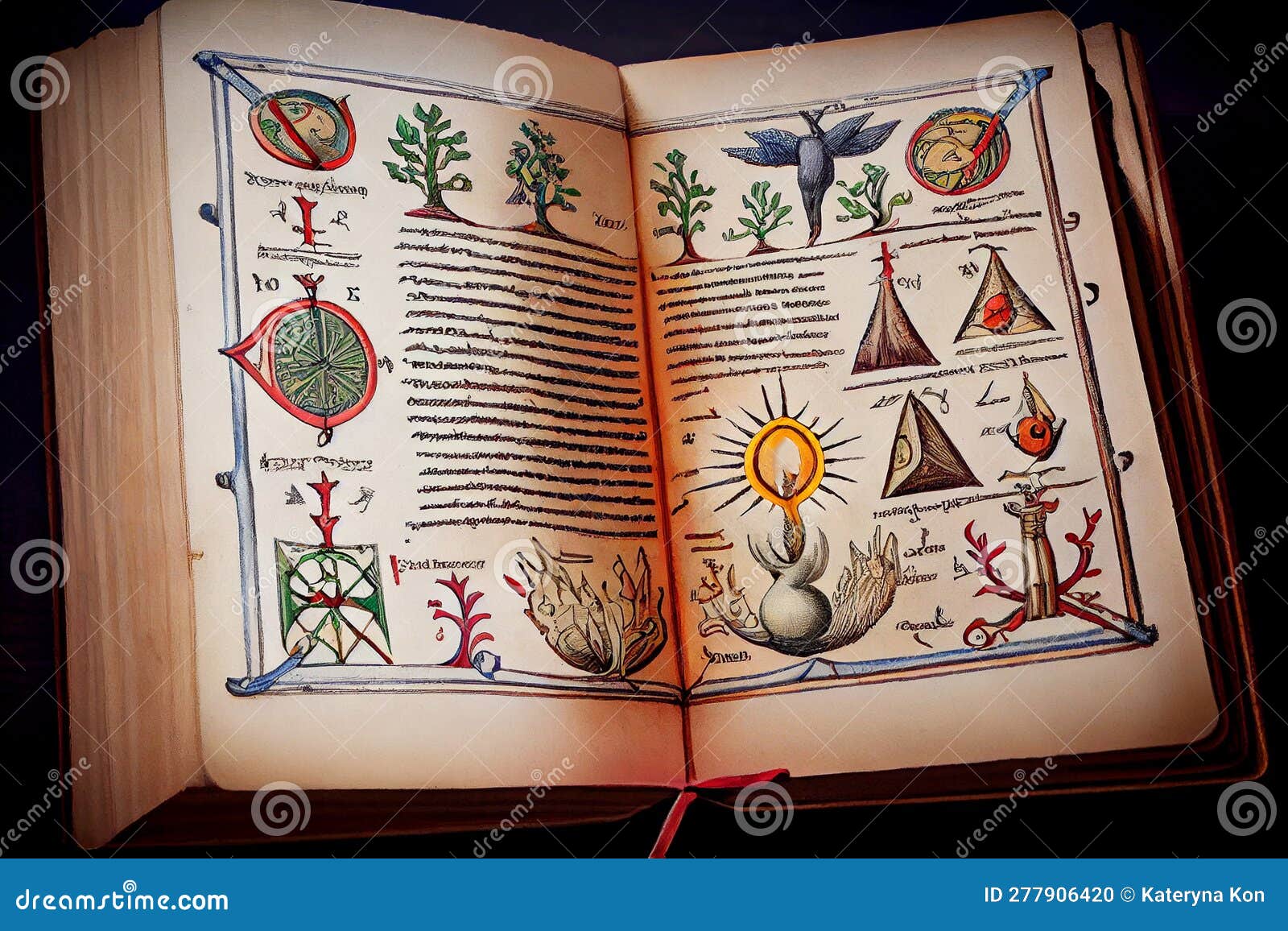 Magic Spells in Antique Book with Drawings and Annotations, Generative ...