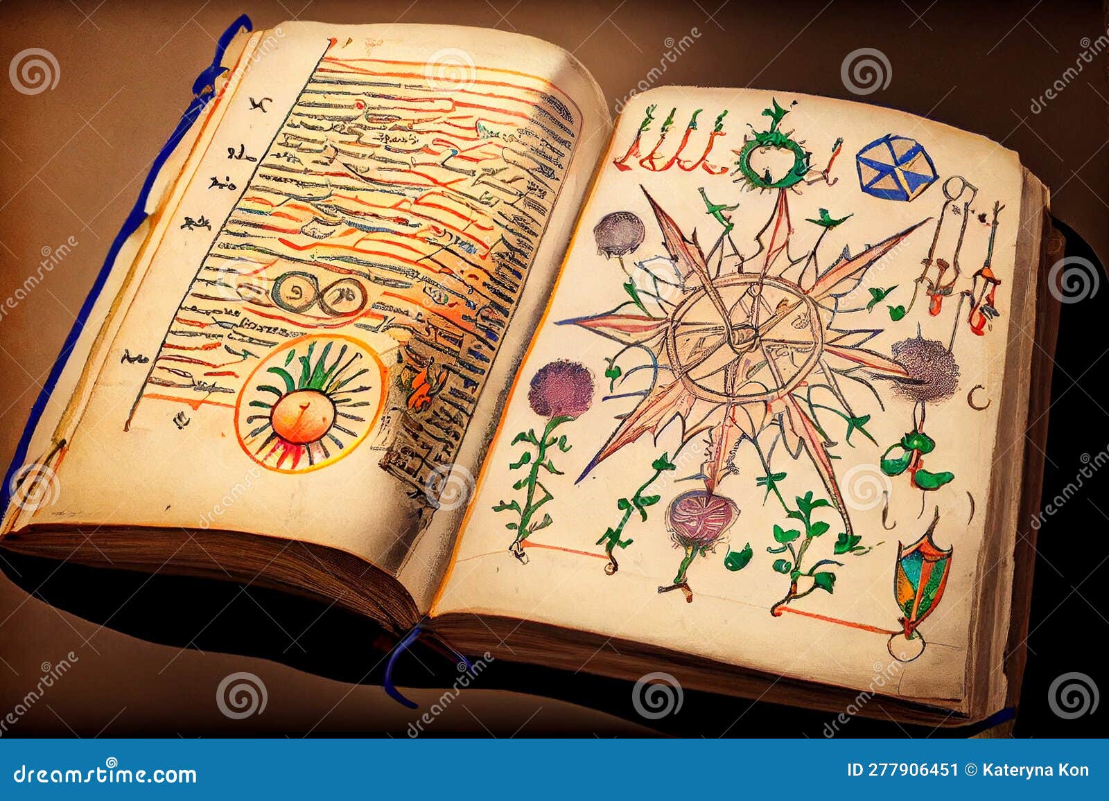Magic Spells in Antique Book with Drawings and Annotations, Generative ...