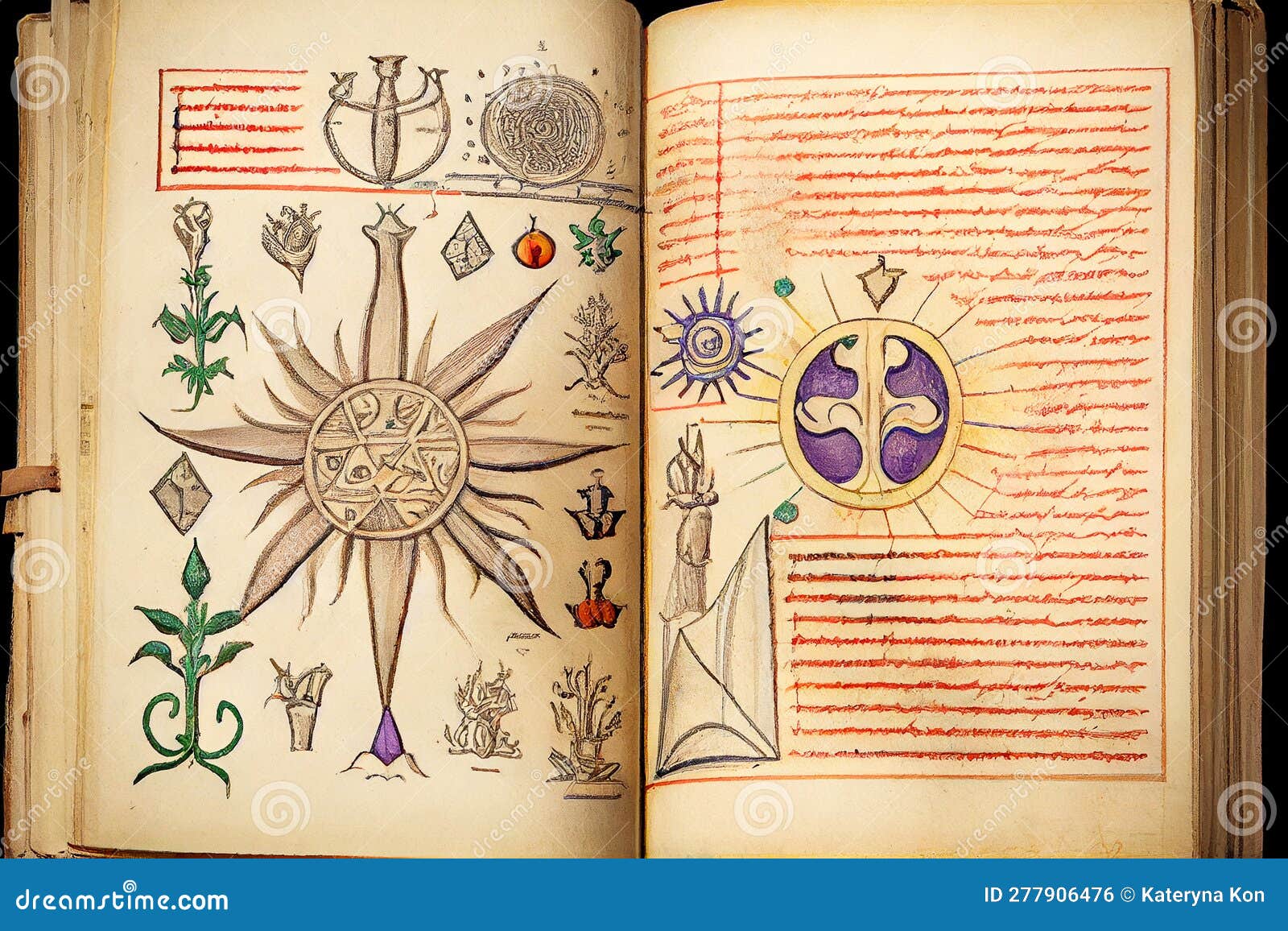 Magic Spells in Antique Book with Drawings and Annotations, Generative ...