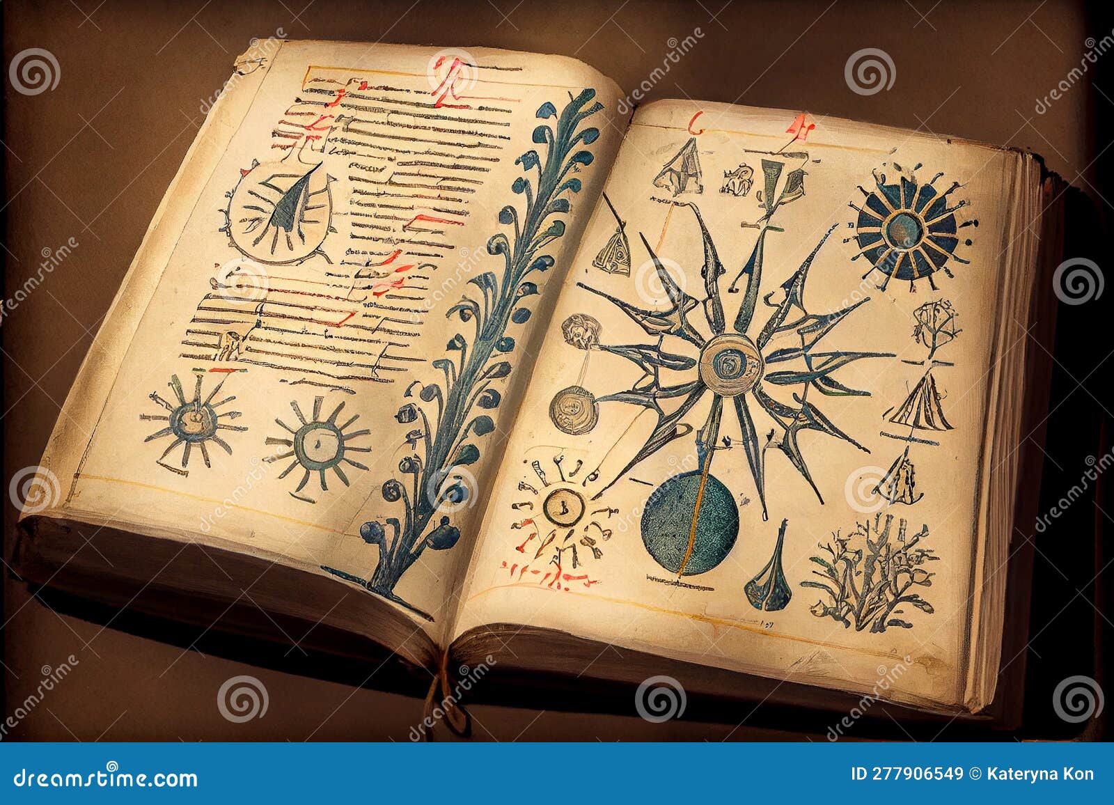 Magic Spells in Antique Book with Drawings and Annotations, Generative ...