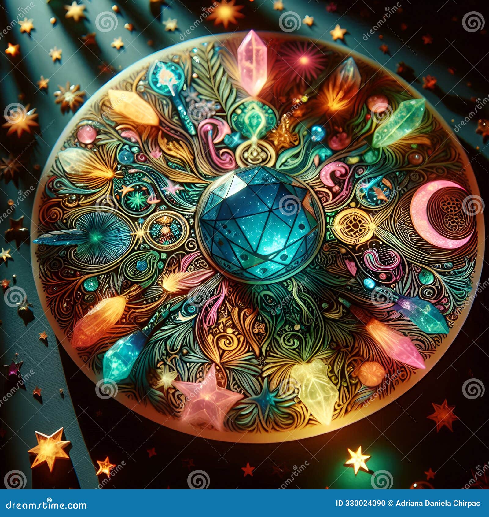 Magic Spheric 3D Object with Natural Glowing Stones, Crescent Moons and ...