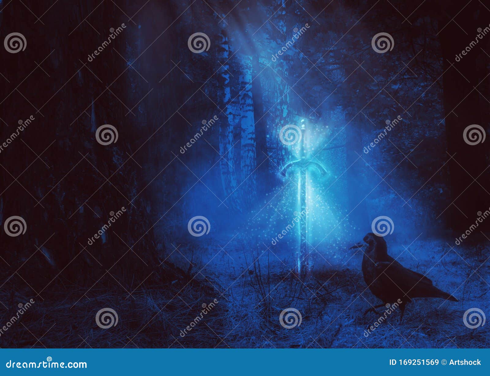 Magic Sword in the Night Forest Stock Illustration - Illustration of ...