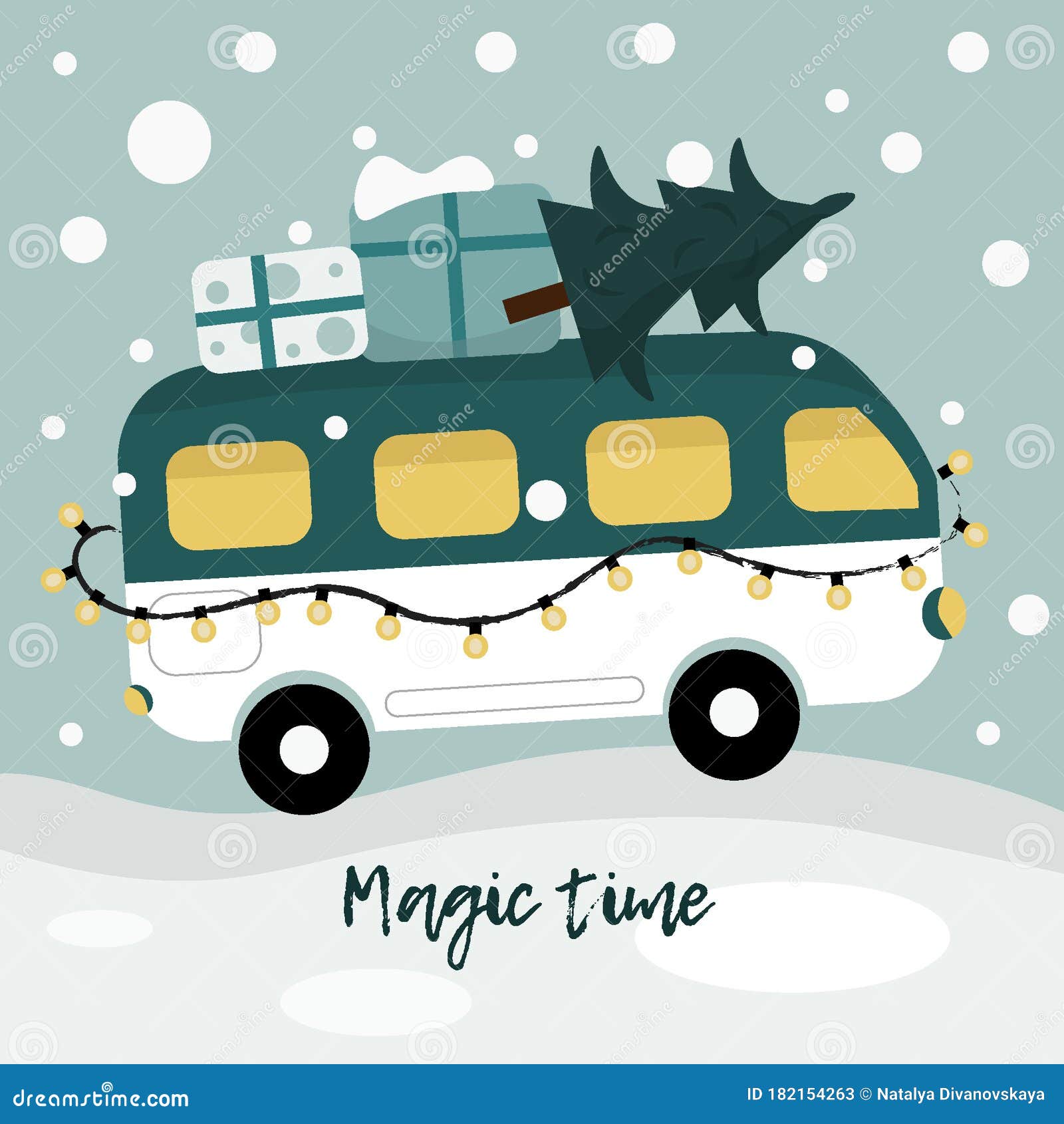 Winter Card with Bus about Magic Time Stock Vector - Illustration of ...