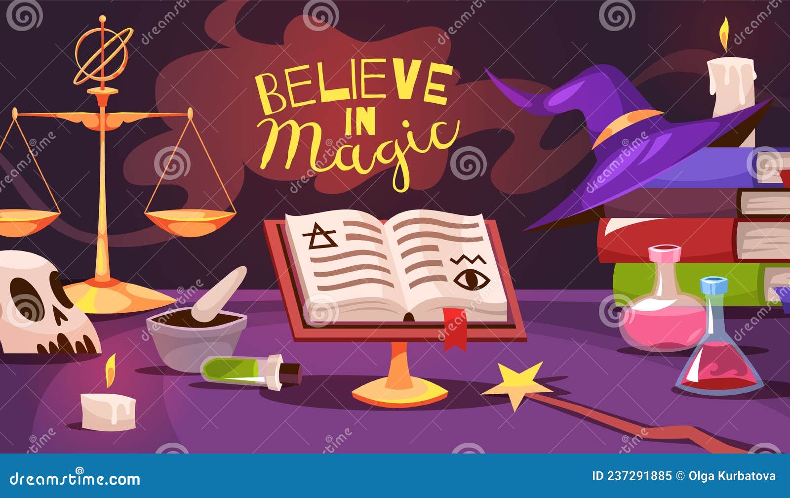 Magic Tools Poster. Cartoon Alchemist Table with Different Objects ...