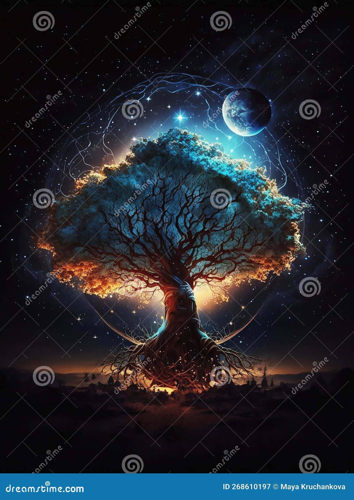 Magic Tree on Background Night Sky Stock Illustration - Illustration of ...